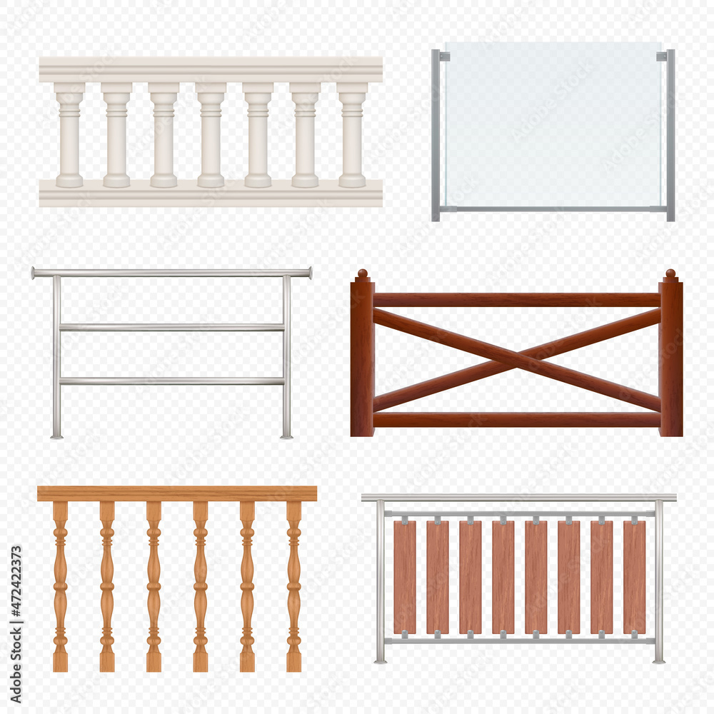 Wooden, metallic, glass railings isolated on white background ...