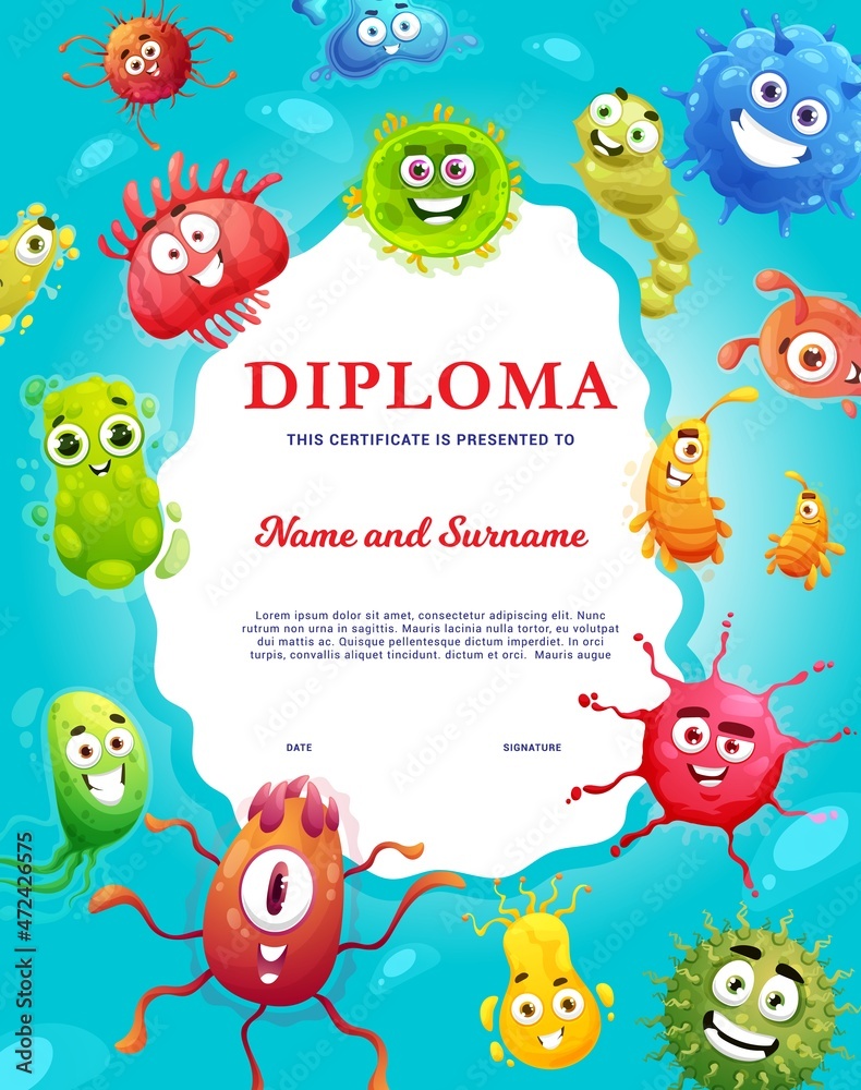 Cartoon microbes, viruses and pathogen cells on kids diploma. Education ...