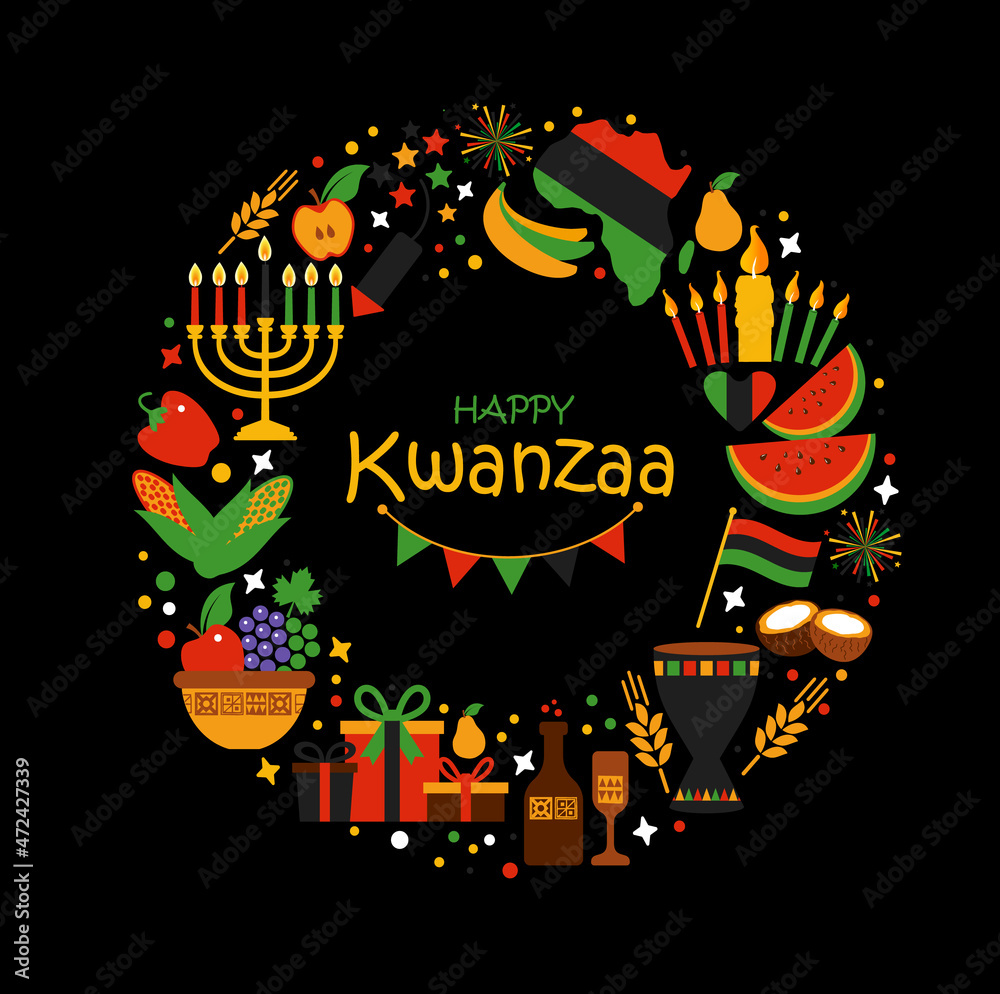 Vector collection of Happy Kwanzaa. Holiday symbols on black background ...