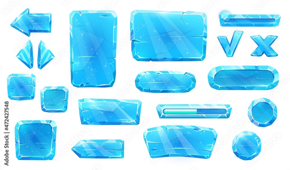 Ice crystal buttons, slider plates and arrows with keys of game asset ...