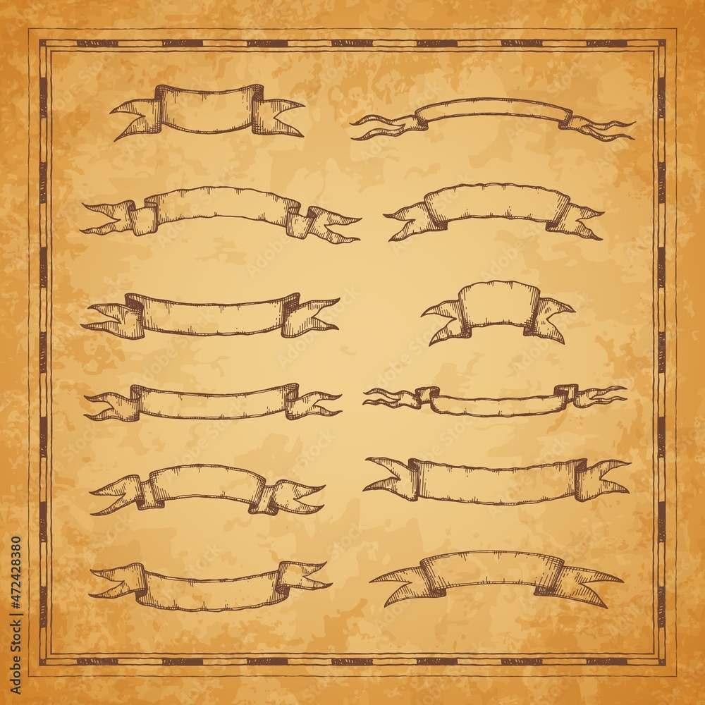 Vintage heraldic ribbon, pennant and banner sketches, ancient map ...