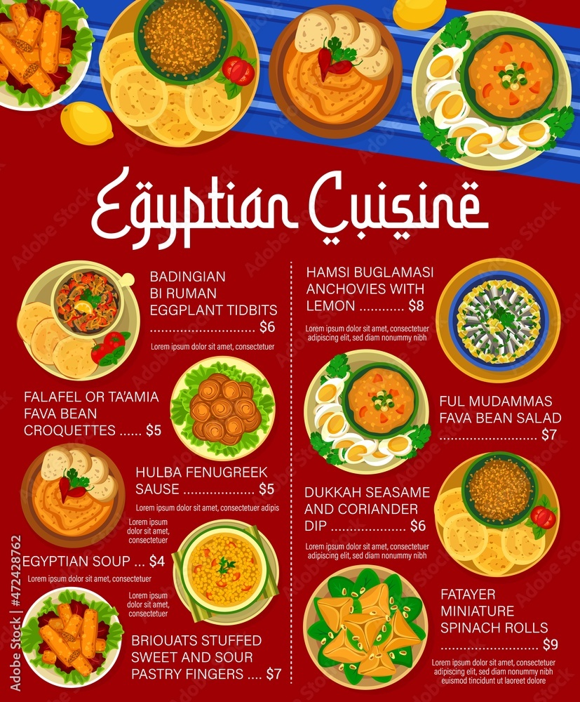 Egyptian cuisine menu page template. Eggplant tidbits, Egyptian soup ...