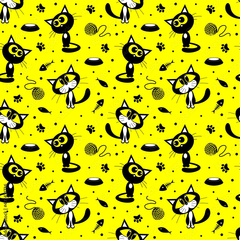 Cute black cat cartoon seamless pattern. Vector illustration. Stock ...