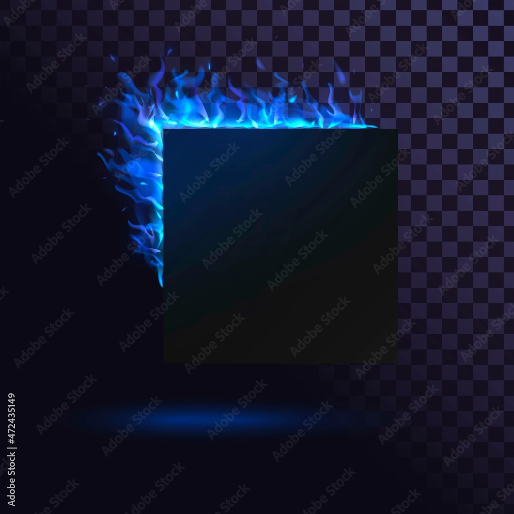 Blue fire square frame, black blank square template with burning corner ...