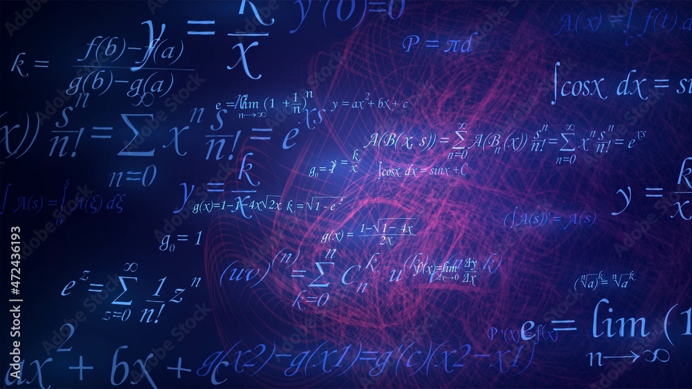 Dark blue background with glowing math formulas and abstract pattern ...
