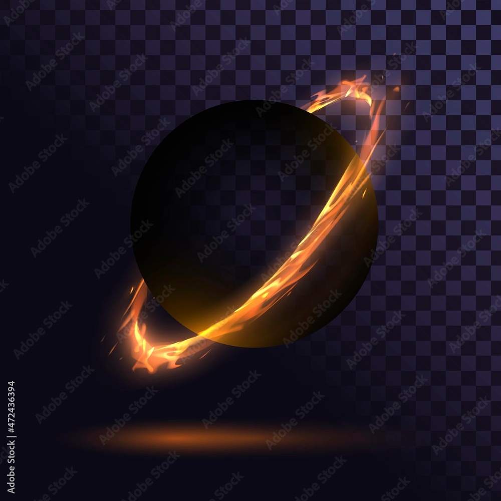 Orbit of a yellow flying star with a trail or a ring of fire around a ...