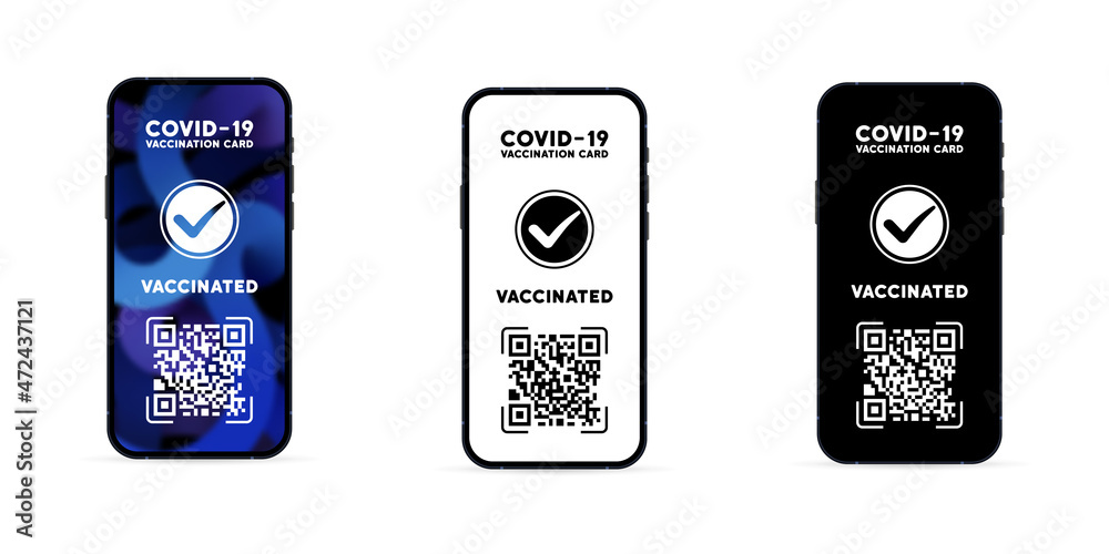 Covid 19 vaccination card icon set. Online sertificate on the phone ...
