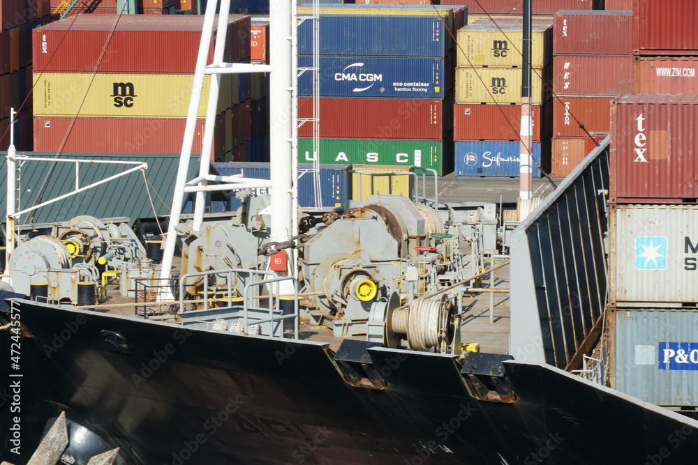 Seattle, USA 07 12 2021: Forward mooring station of merchant container ...