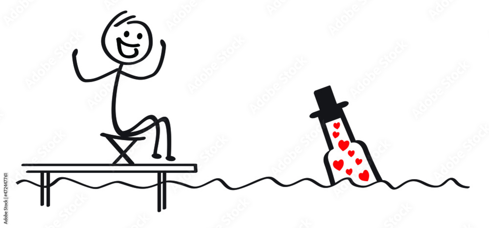 Drawing cartoon stickman received, love mail. Bottle in water. Stick ...
