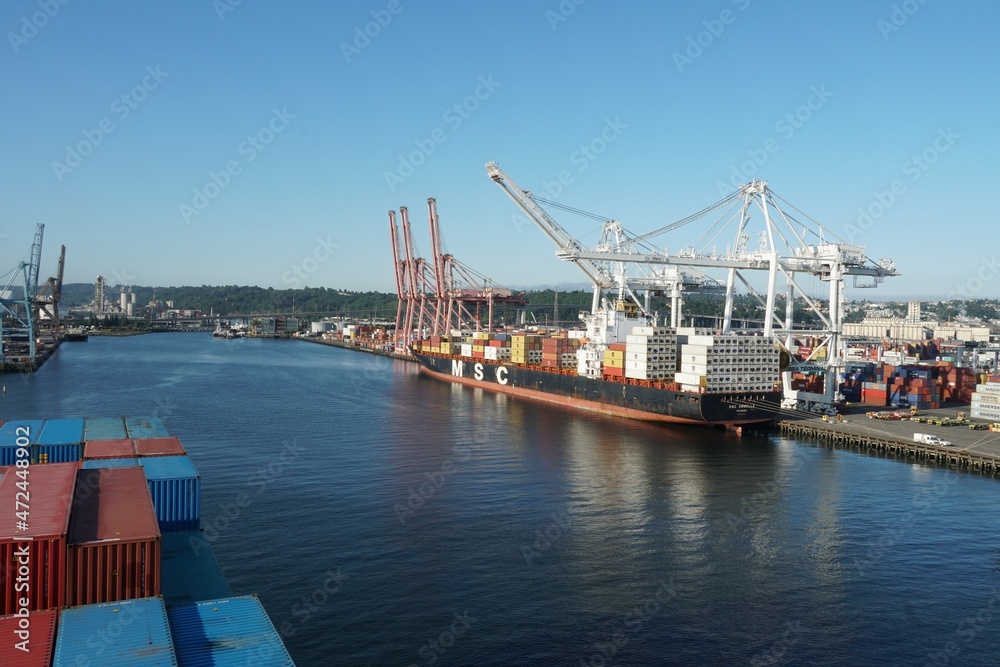 Seattle, USA 07 12 2021 Merchant container ship moored in container SSA ...