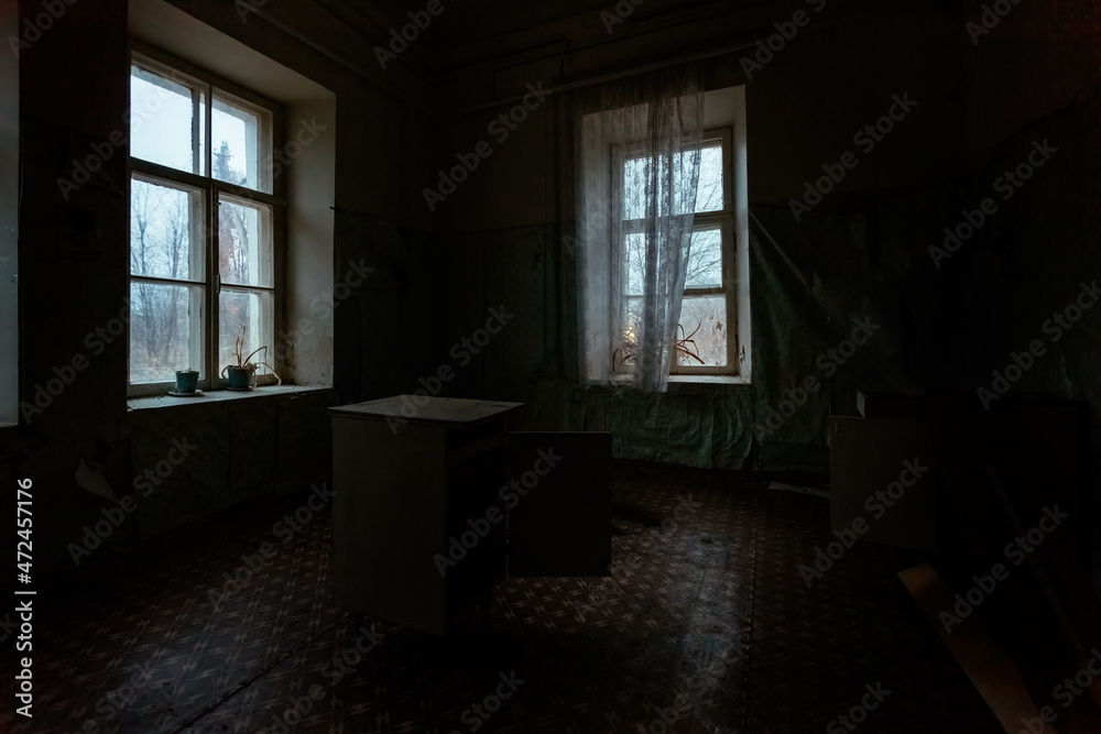 Dark and creepy room of old abandoned mental hospital at night Stock ...