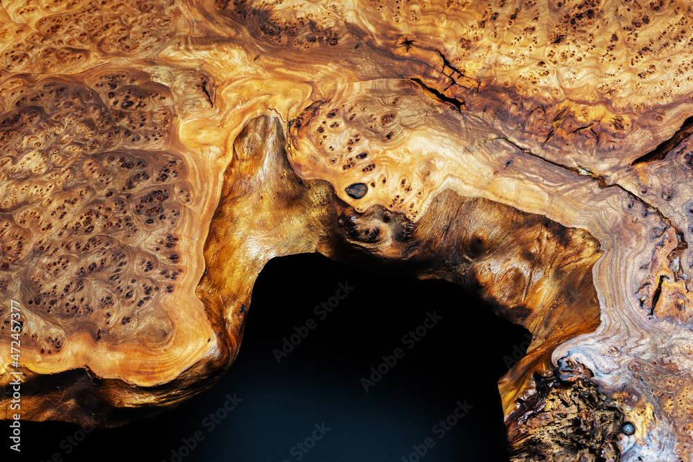 Extreme close-up, wood texture, wooden countertop slab, saw cut wood on ...