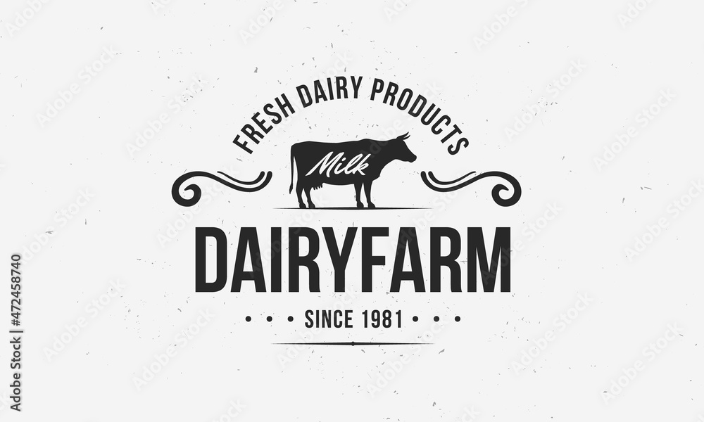 Diary farm logo. Dairy farm emblem, label template with cow silhouette ...