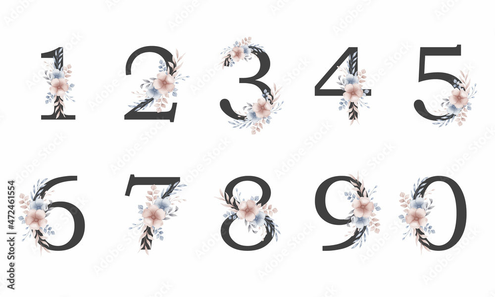 Elegant Hand-drawn Floral number set design with beautiful watercolor ...