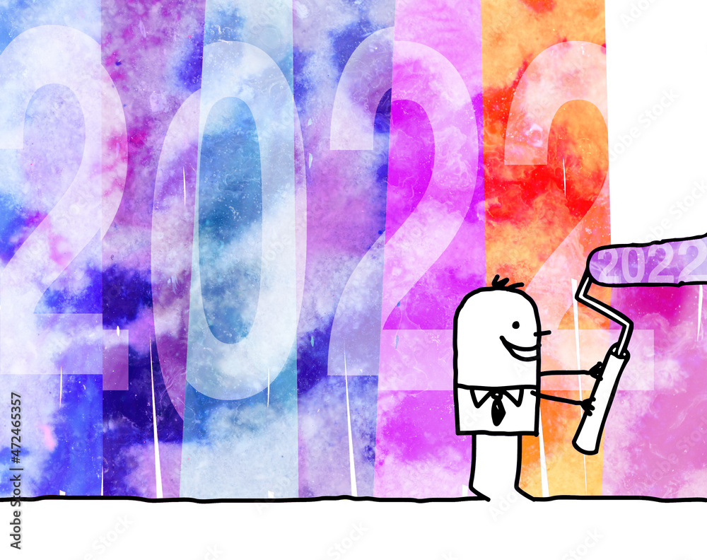 Cartoon Man Painting a Colorful Background with 2022 sign Stock ...
