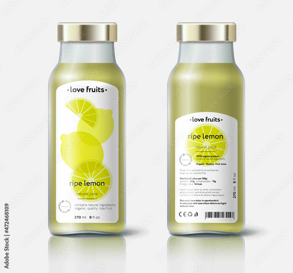 Lemon juice packaging. Beautiful transparency whole and cut fruits ...