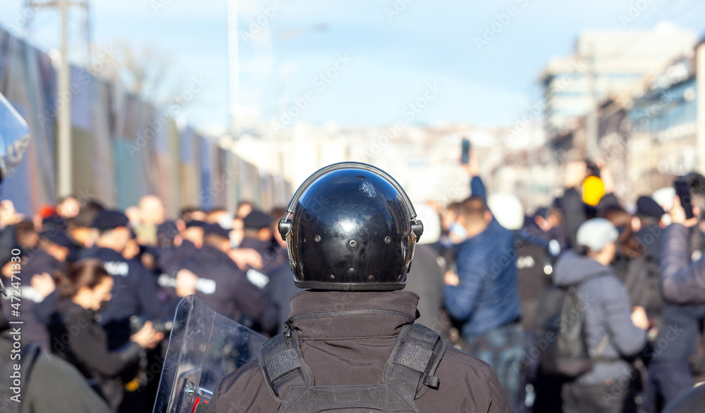 Riot police on duty during crowd protest or demonstration Stock Photo ...