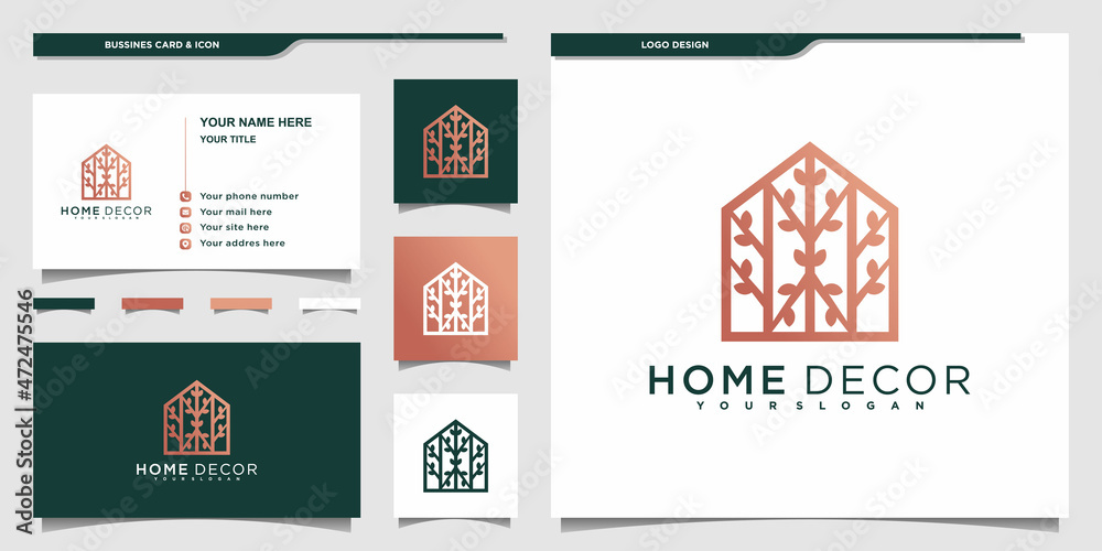 Minimalist home decor logo with unique leaf line art shape and business ...
