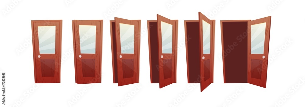 Opening door stages for animation in 2d game. Wooden door with glass ...