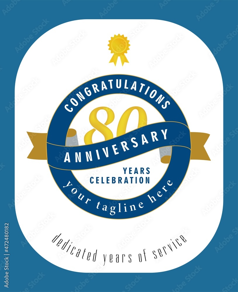 Number 80th Anniversary template vector badge logo with blue tape ...