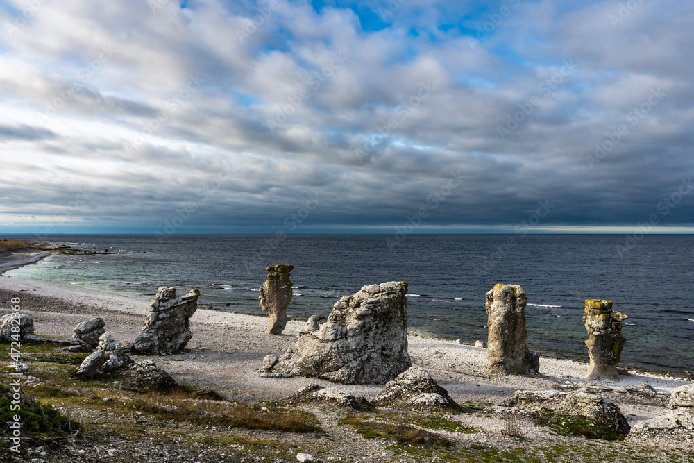 Fårö Island in Sweden. Rauks, ancient stone formations. Column like ...