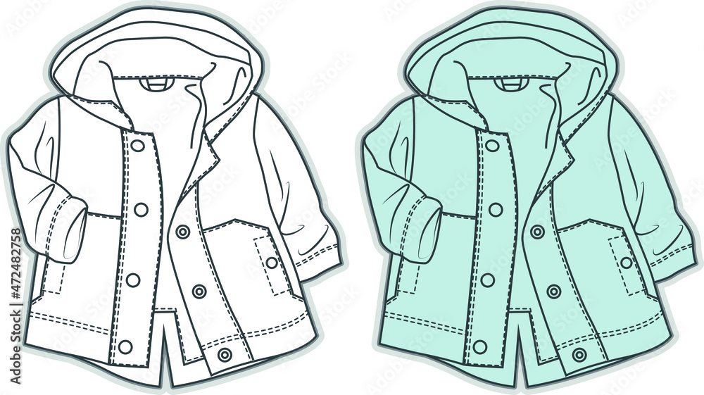 Baby Coat Flat Sketch VECTOR, trench coat, OUTER Fashion technical ...