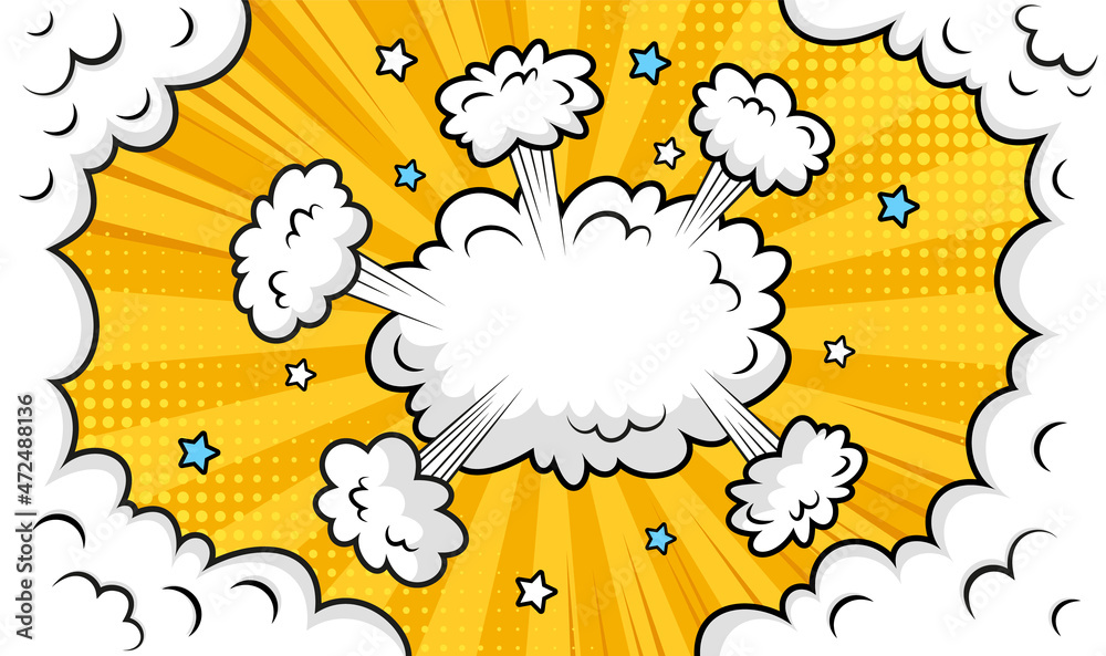 Pop art background with smoke clouds wind and halftone. Funny shapes in ...