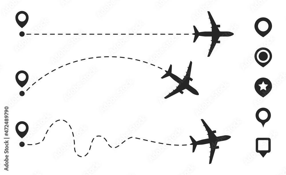Simple airplane travel line path with map pins. Airplane dashed route ...