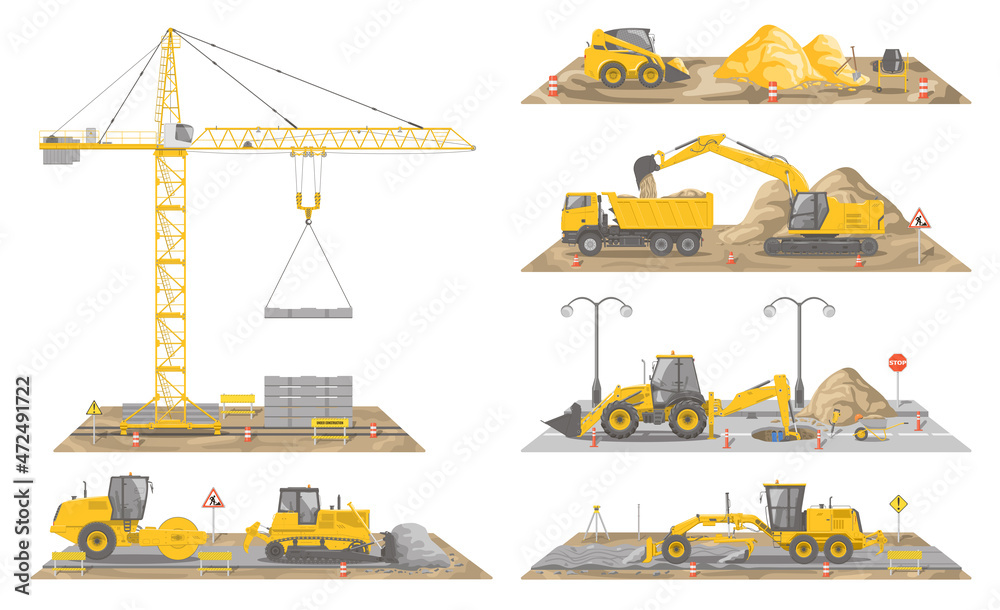 Vector set of 8 types of construction vehicles Stock Vector | Adobe Stock