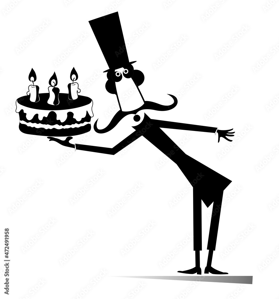 Cartoon man holds a cake with candles illustration. Funny long mustache ...
