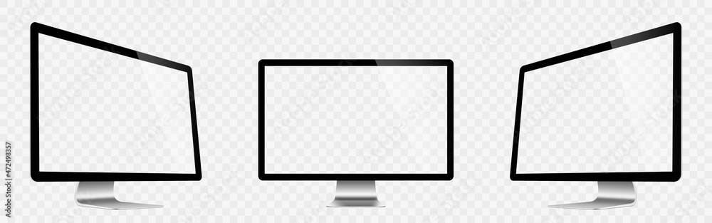 Relistic computer monitor screen. Three computers from different sides ...