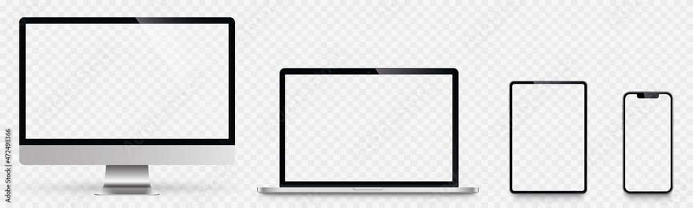 Realistic set of monitor, laptop, tablet, smartphone. Computer display ...