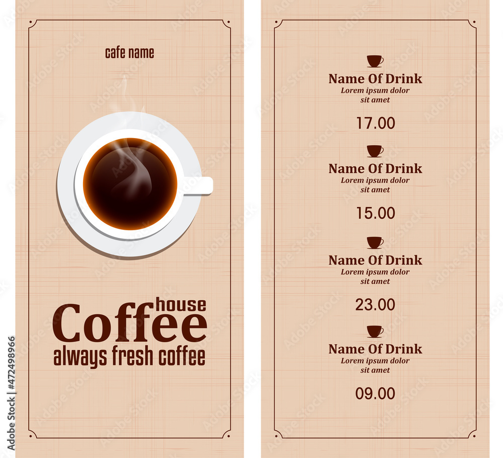 Coffee House menu with a cup. Always fresh coffee. Cafe design menu ...