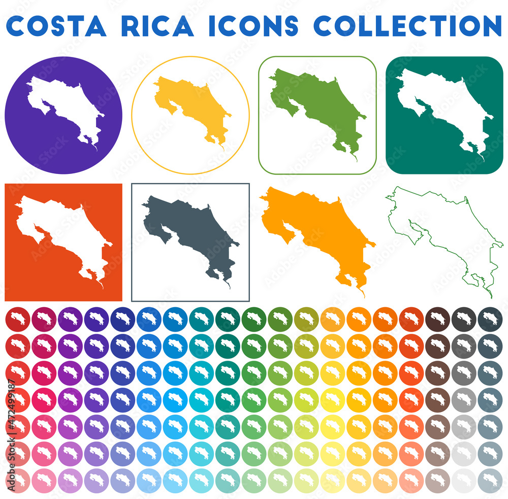 Costa Rica icons collection. Bright colourful trendy map icons. Modern ...