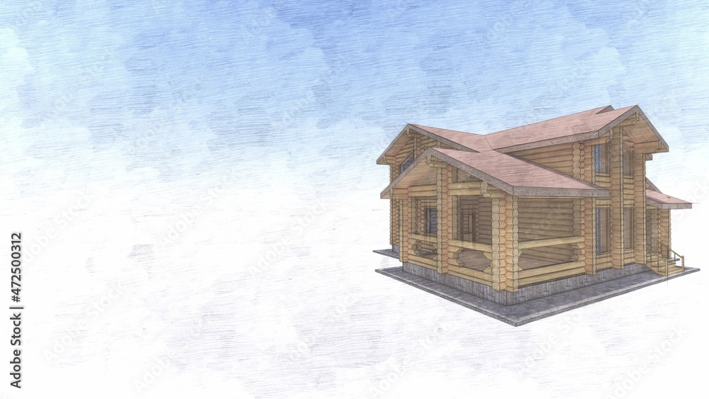 Country villa made of rounded round logs in two floors, with a broken ...