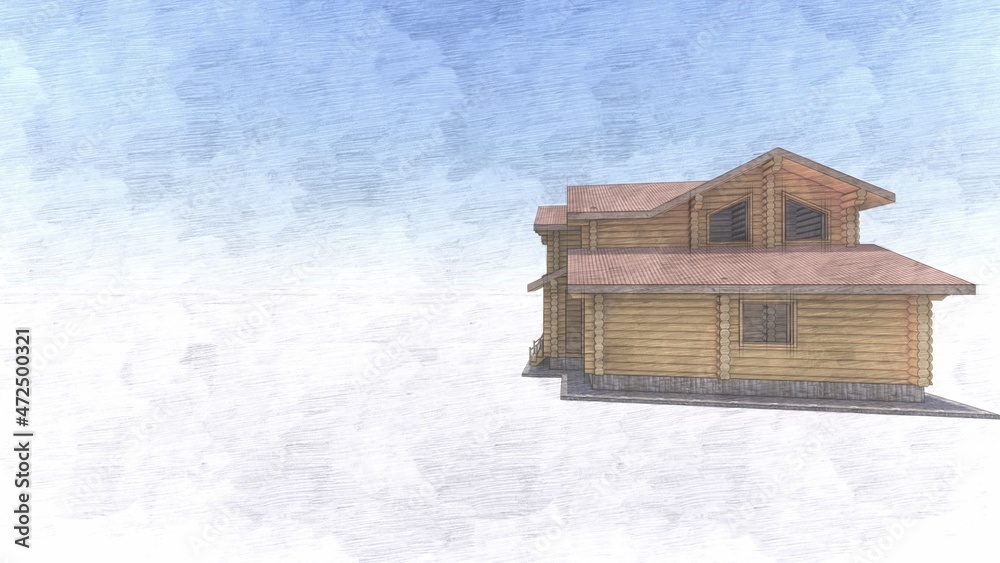 Country villa made of rounded round logs in two floors, with a broken ...