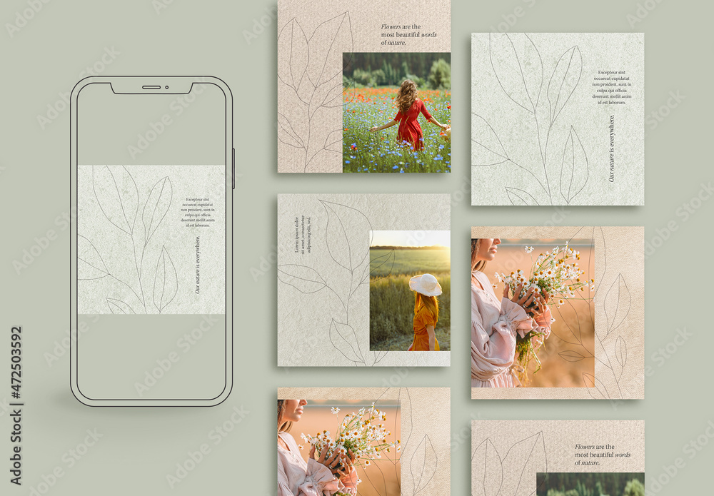 Social Media Post Layout with Hand-Drawn Leaves and Textured Background ...