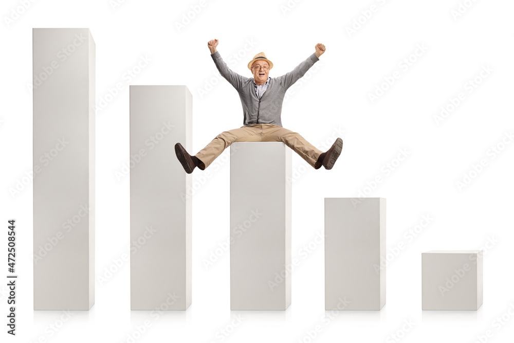 Excited elderly man sitting on a graph chart Stock Photo | Adobe Stock