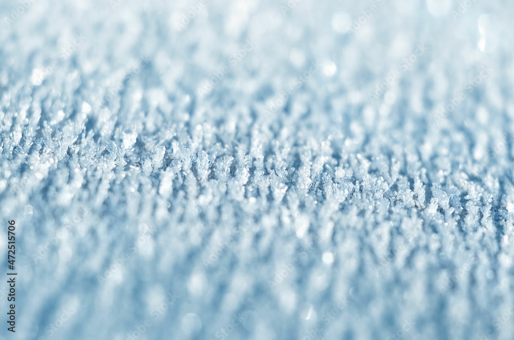 Light blue frost background with copy space. Winter texture close-up ...