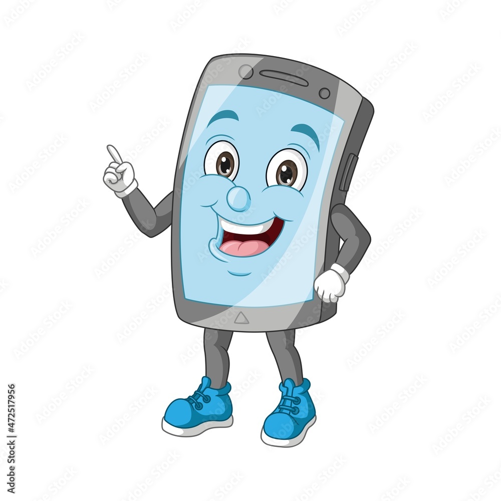 Cartoon mobile phone mascot pointing up Stock Vector | Adobe Stock