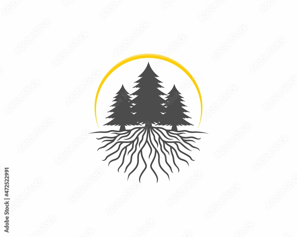 Pine tree with roots silhouette illustration Stock Vector | Adobe Stock
