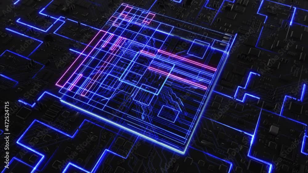 Futuristic Animation Inside Computer Motherboard. Hi Tech GPU CPU Micro Processor With Neon ...