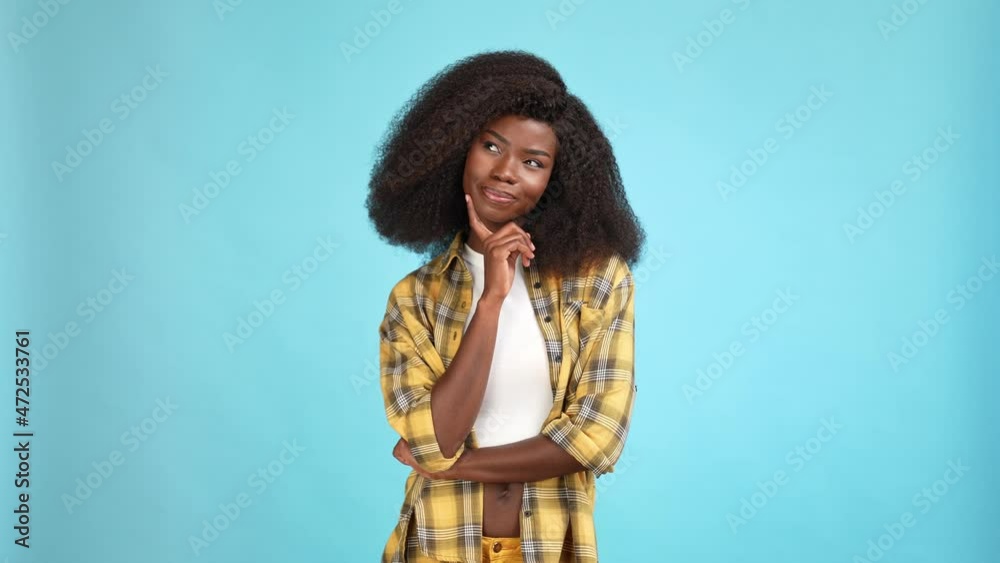 Clever lady think incredible mind isolated sky light color background ...