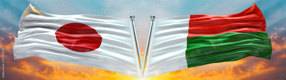 Japan flag and Madagascar Flag waving with texture sky Cloud and sunset ...