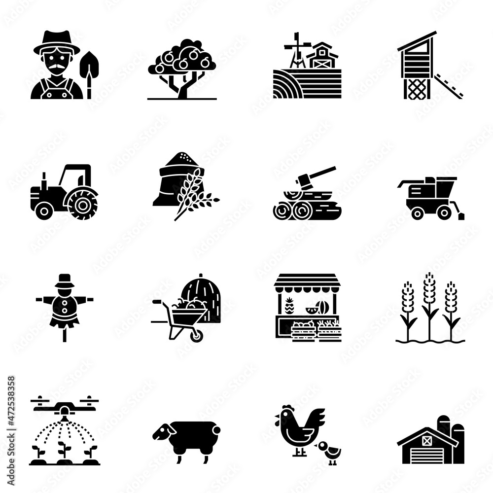 Farm icon. Agriculture and Farming black solid icons set 2 with white ...