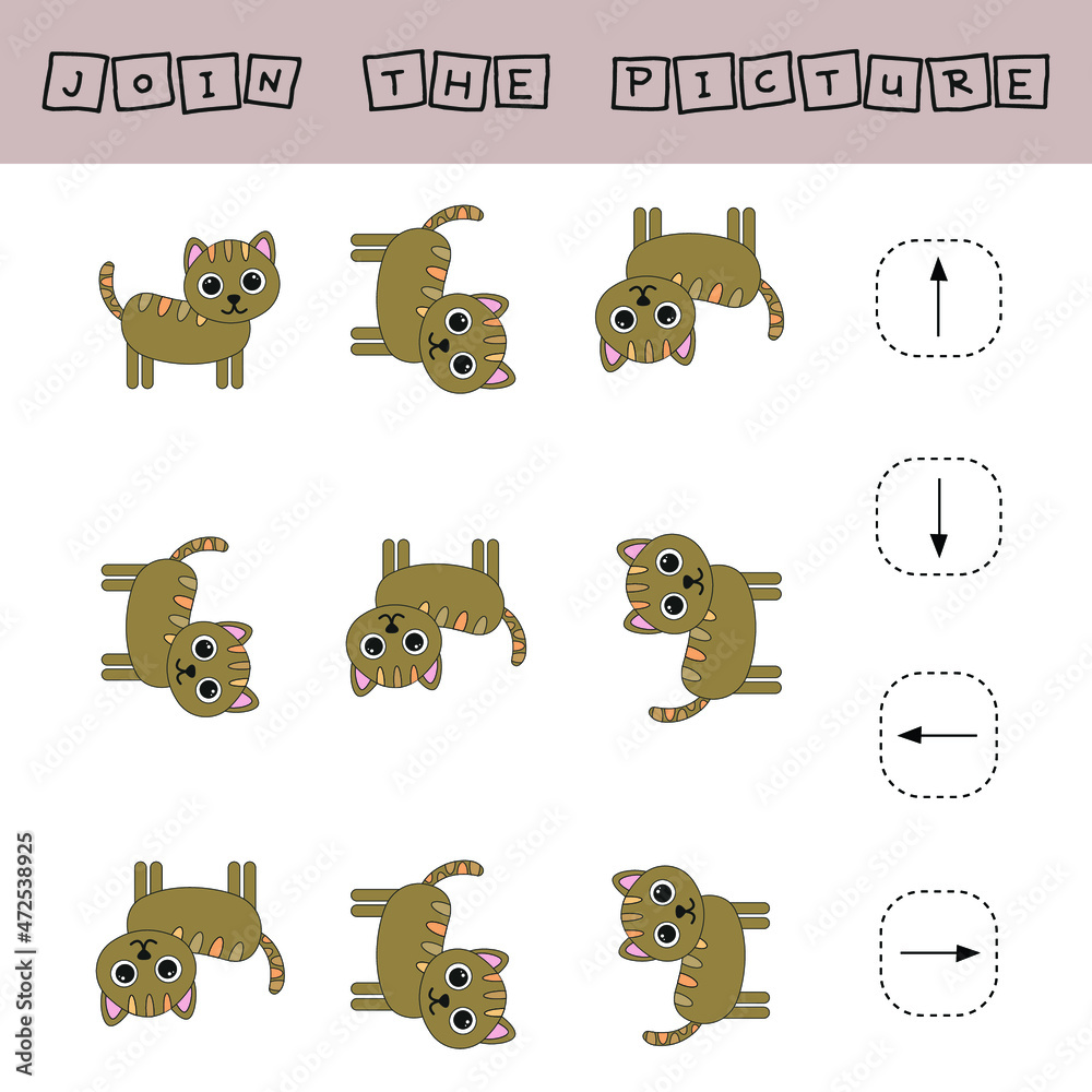 Match the pictures of pets cats and directions up, down, left and right ...