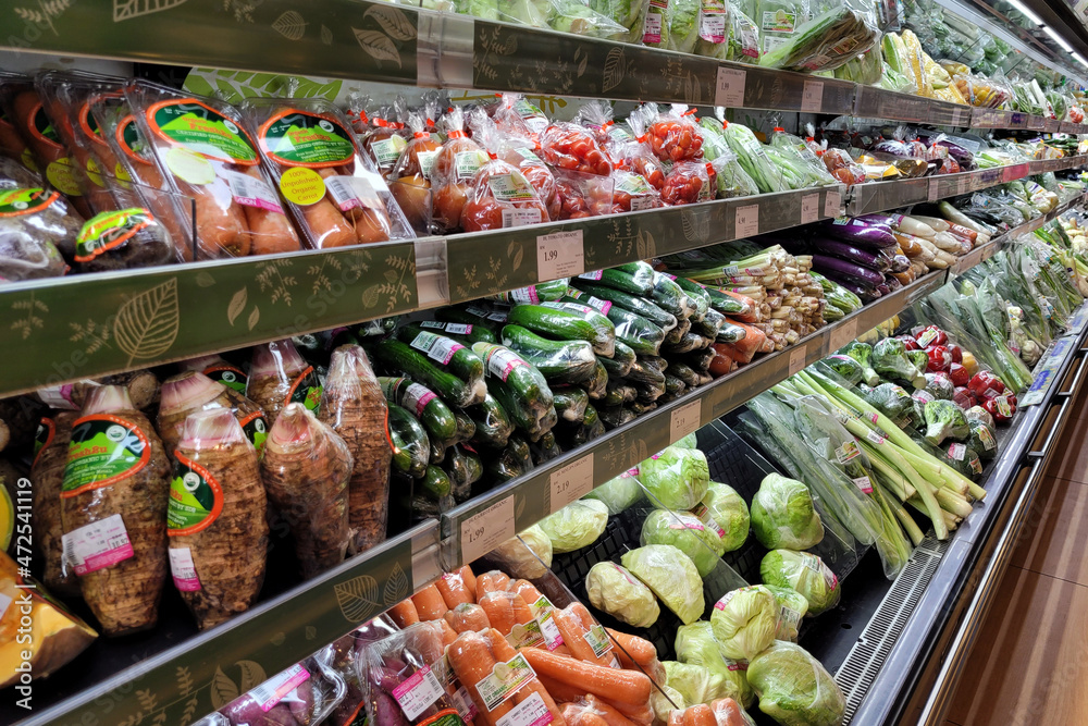 Interior view of the huge refrigerator with various fresh vegetables in ...