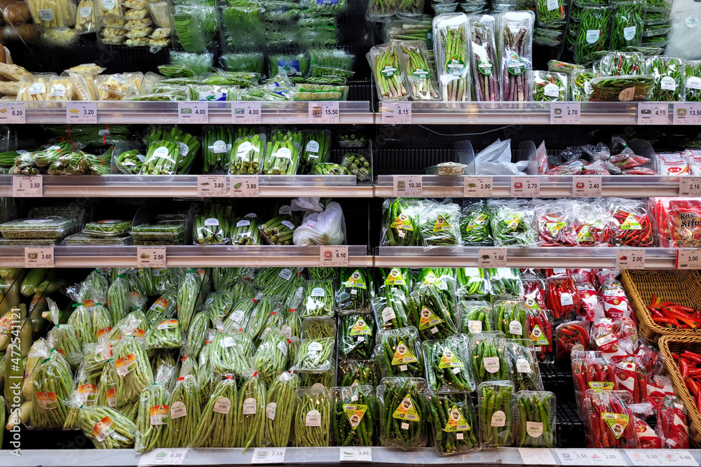 Interior view of the huge refrigerator with various fresh vegetables in ...