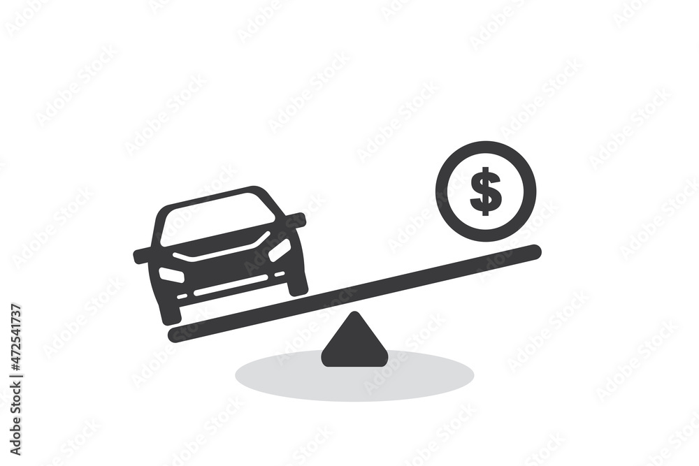 Car and money on scales icon on white background for website ...
