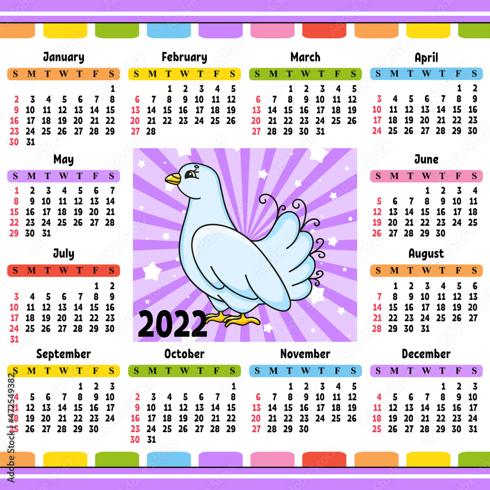 Calendar for 2022 with a cute character. Fun and bright design ...